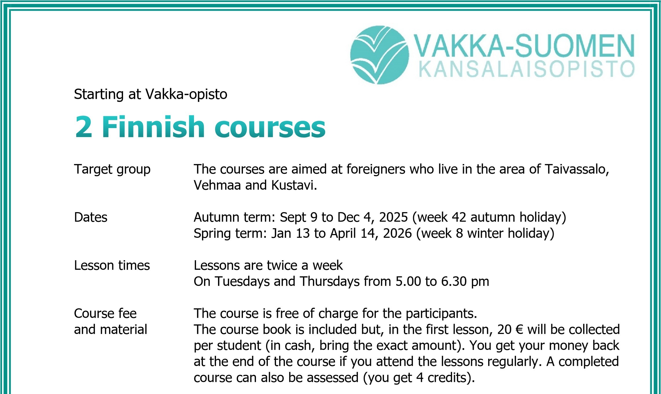 Opi suomea Vakka-Opiston kursseilla - Kustavin kunta